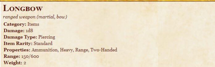 Longbow 5E Weapons - D&D 5e Character Sheets